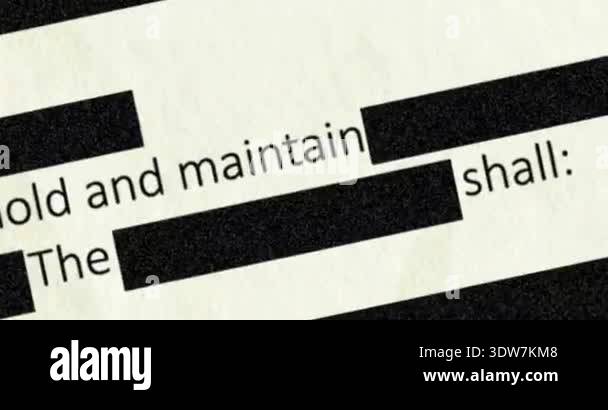 Looping video of a sensitive legal contract with heavy black redaction ...