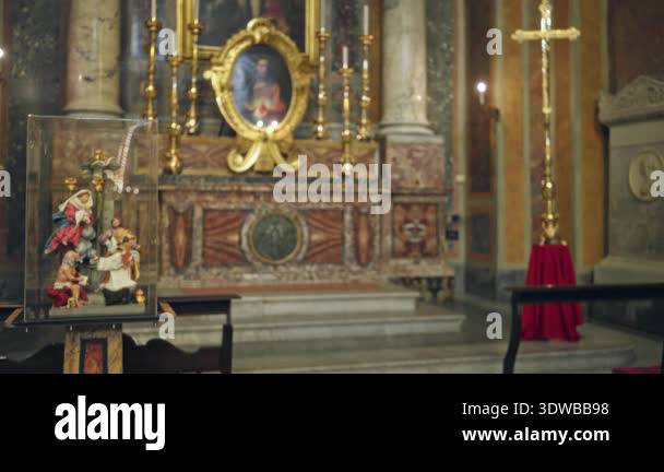 Blurred shallow bokeh church interior with ornate altar and marble ...