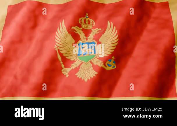3D animation of Montenegro national flag waving in seamless loop. Red ...
