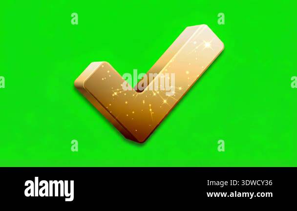 A golden check mark animates on a vibrant green screen background ...