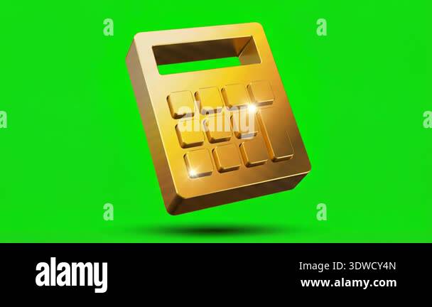 A shiny golden calculator icon is displayed against a vibrant green ...