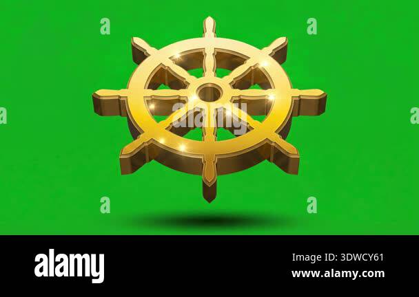 A shimmering golden Dharma wheel, a significant Buddhist symbol ...
