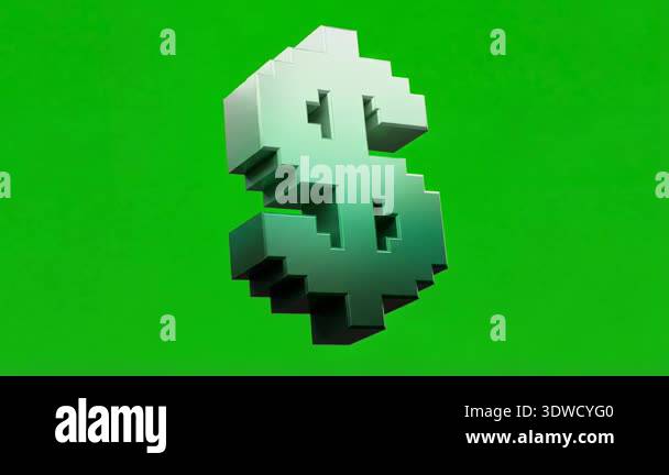 A 3D rendered pixelated dollar sign rotates against a vibrant green ...