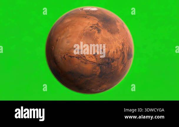 A detailed view of the planet Mars rotating against a vibrant green ...