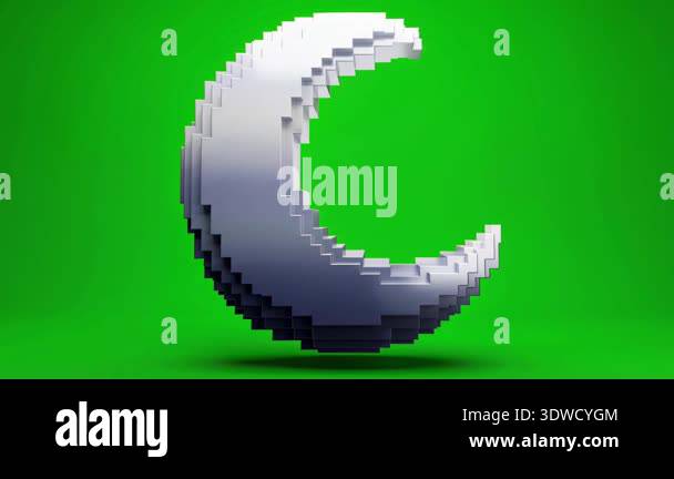 A pixelated crescent moon rotates against a vibrant green screen ...