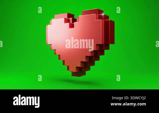 A vibrant red pixelated heart floats gracefully against a bright green ...