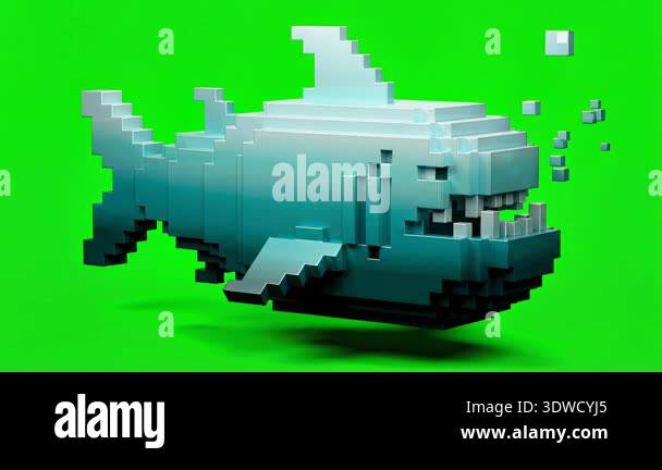 A pixelated shark, reminiscent of 8-bit video game graphics, swims ...