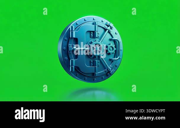 A detailed 3D animation of a robust bank vault door, featuring ...