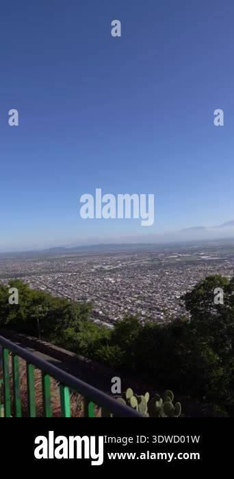A city view from a high vantage point with a clear blue sky. The city ...