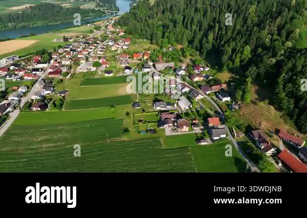 Drone view Drava riverside hills in summer, Gortina village, deep green ...