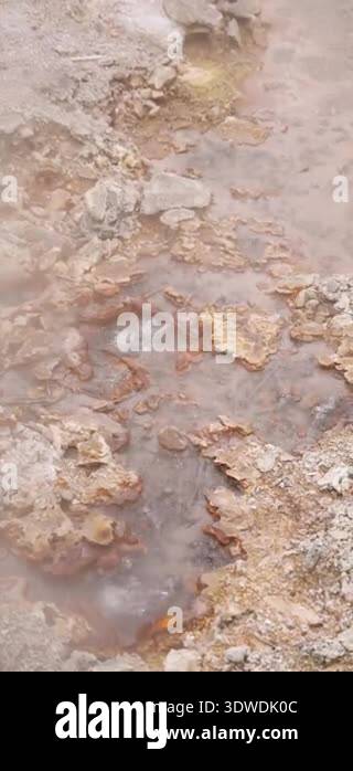 Volcanic pit with mud and boiling water with steam rising to the ...