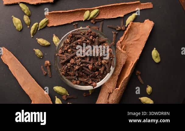 Top View of Cloves (Laung) in White Bowl with Cinnamon Sticks (Dalchini ...