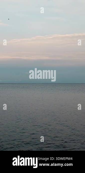 Vertical panning shot over a sea surface. Calm water under evening sky ...