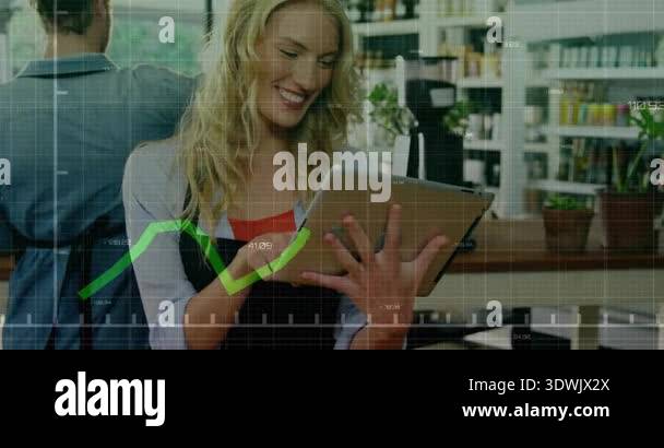Female barista tapping tablet and swiping metrics while monitoring ...