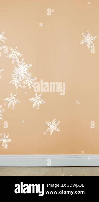 Animation of snowflakes falling over round banner with copy space and ...