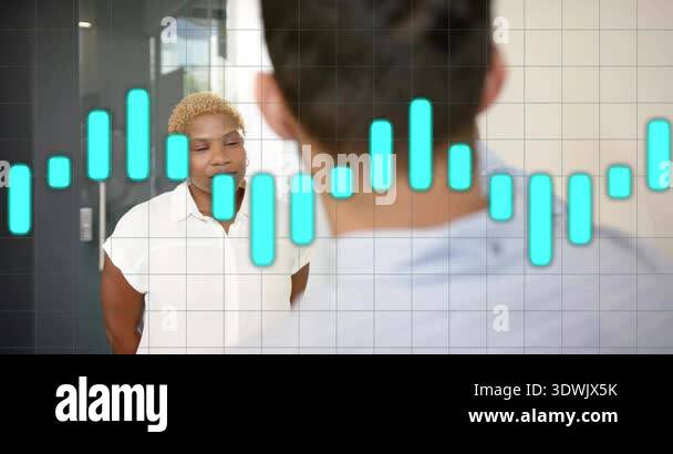 Man talking in office generating turquoise waveform while colleagues ...