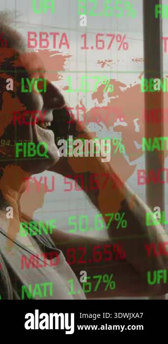 Animation of trading board, map over laughing caucasian senior man ...