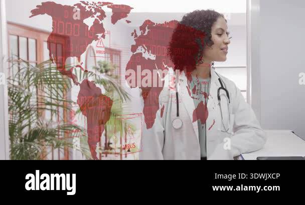 Female doctor shifting gaze and turning head as red map overlay ...