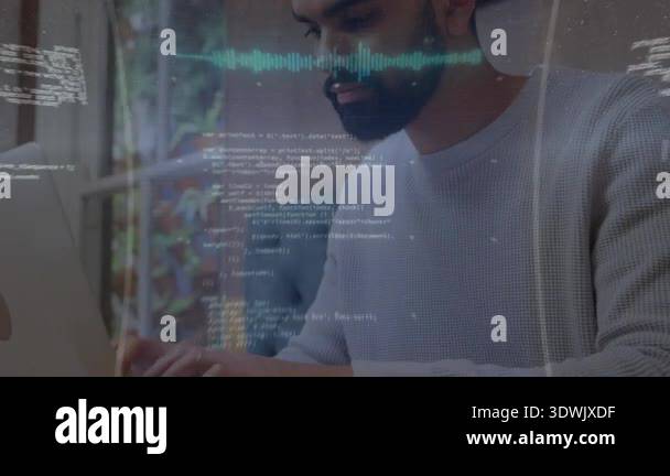 Mid adult man tapping laptop and phone screens showcasing 3D code ...