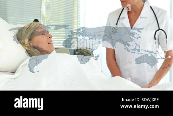 Medical patient talking by IV drip, nurse leaning listening and ...