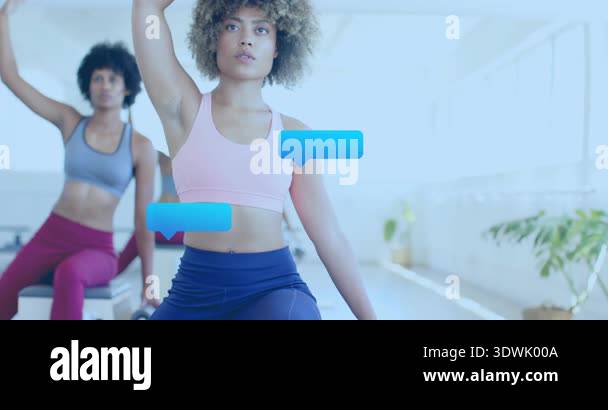 Fitness trainees kneeling in right-side stretch causing chat bubbles ...
