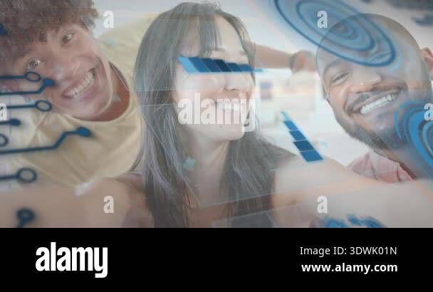 Three friends taking selfie while woman holding phone activating ...