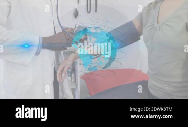 Doctor positioning blood pressure cuff on patient arm, inflating cuff ...
