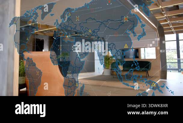 Faint world map outline initiating 3D overlay growing with icons and ...