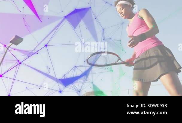 Athlete tossing ball and executing serve on tennis court using tech ...