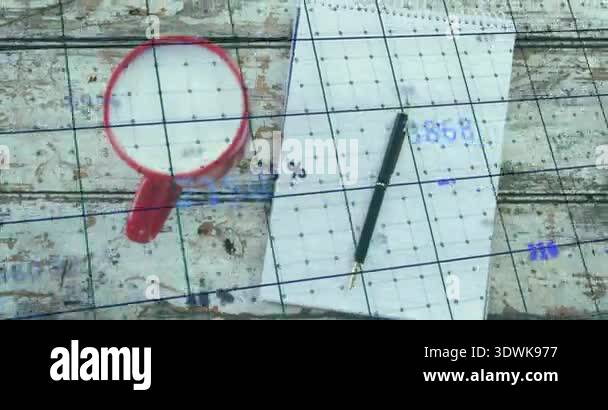 Scanner activating grid overlay over red mug and spiral notebook ...
