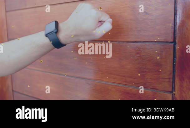 Visitor knocking sliding door and activating tech overlay welcoming ...