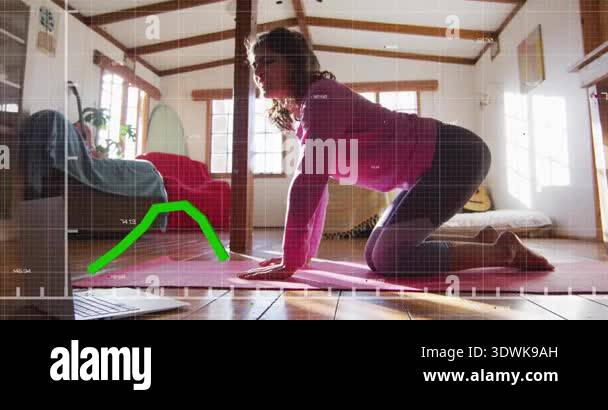 Adult female kneeling facing laptop and lifting leg animating green ...