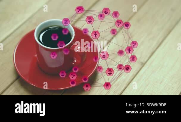 After one second 3D nodes appearing around red coffee cup connecting ...