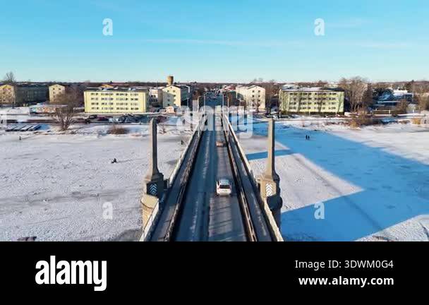Winter Drone Aerial of Parnu City Center Bridge, Estonia Stock Video ...