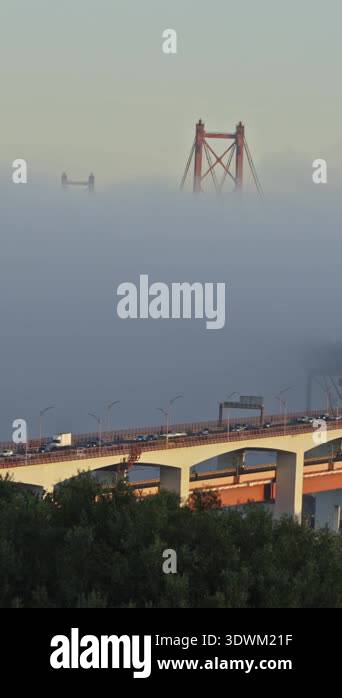 Cars drive across the bridge in the mist - the bridge illuminated by ...
