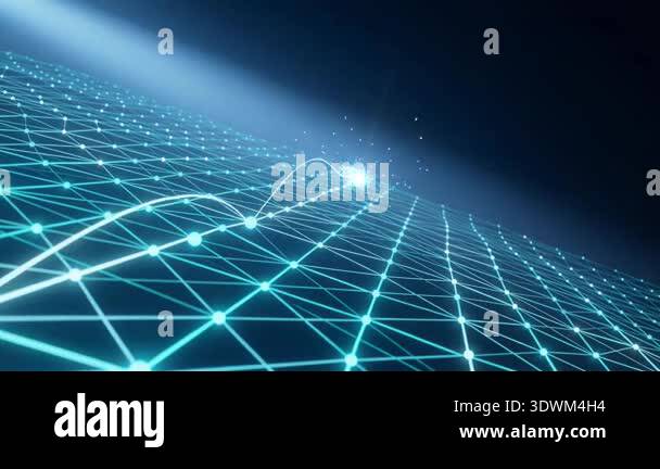 An abstract animation of a digital network grid with glowing blue lines ...