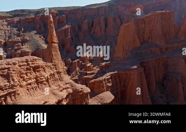 Aerial view captures majestic eroded sandstone canyons and rock spires ...