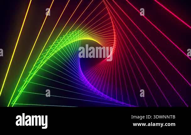 An animated neon spiral of bright rainbow lines swirls into a dynamic ...
