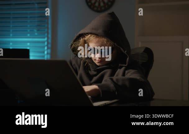 Kid hacker exploring digital world. Kid hacker learning coding basics ...