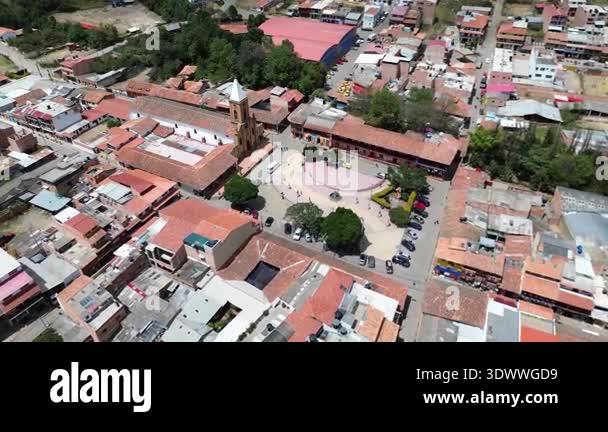 Aerial drone view of the town center of Raquira, Colombia. High quality ...