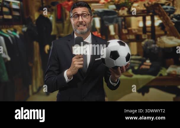 Man holding a microphone and soccer ball in a retail clothing building ...
