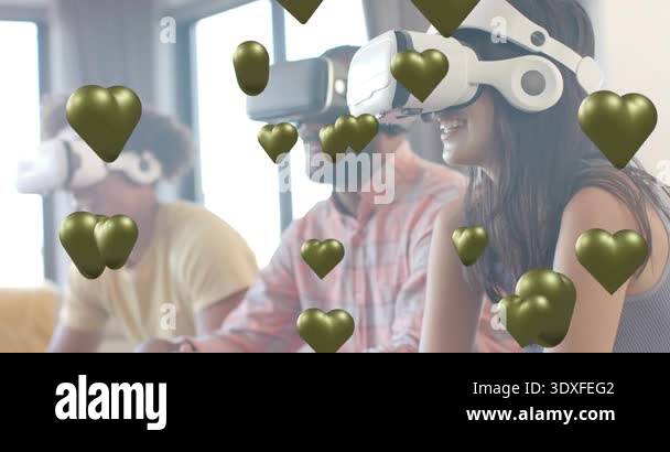 Friends wearing VR headsets starting gold heart overlays in tech demo ...