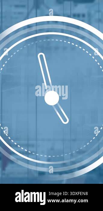Animation of ticking clock icon against view of tall building. Computer ...