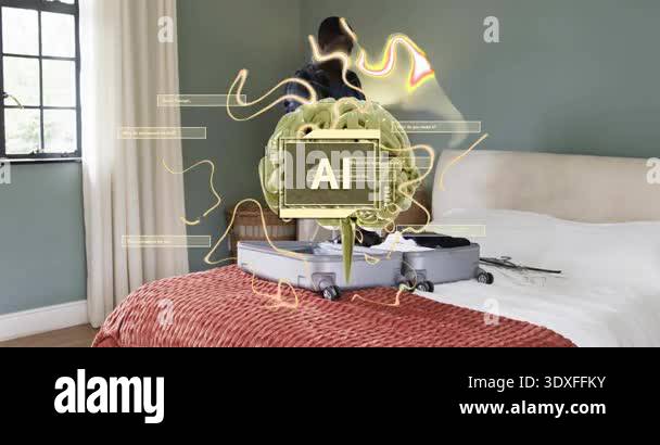 Man standing at foot of bed initiating animated AI brain guiding ...