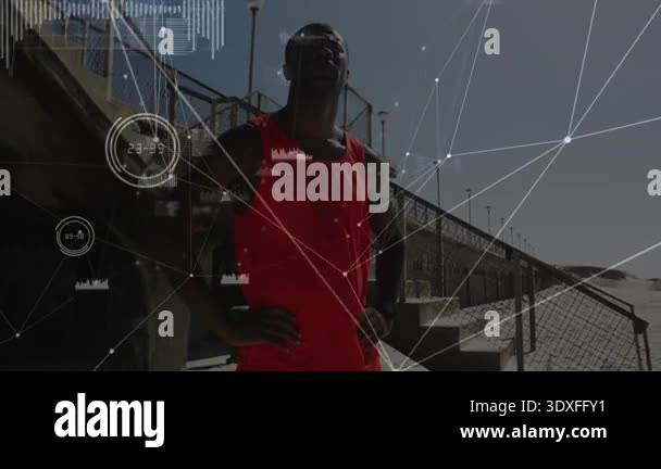Man standing beach pier initiating animated HUD scanning posture and ...