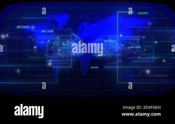 Opening blue world map starting data clusters animating curved arcs ...
