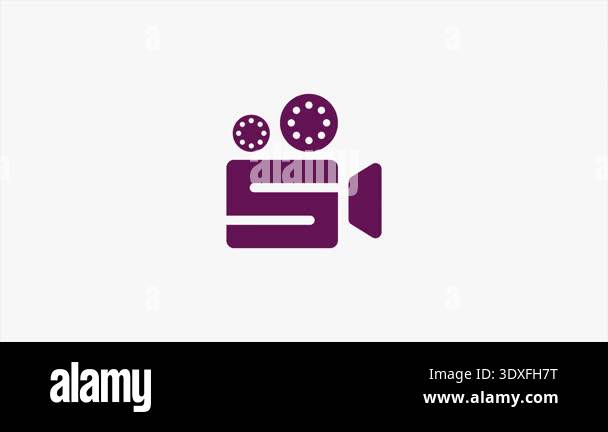 Animation video of bold minimalist film camera icon in modern maroon ...