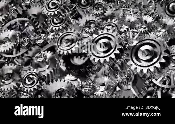 3D animation of interlocking rotating metal gears and cogs. Mechanical ...