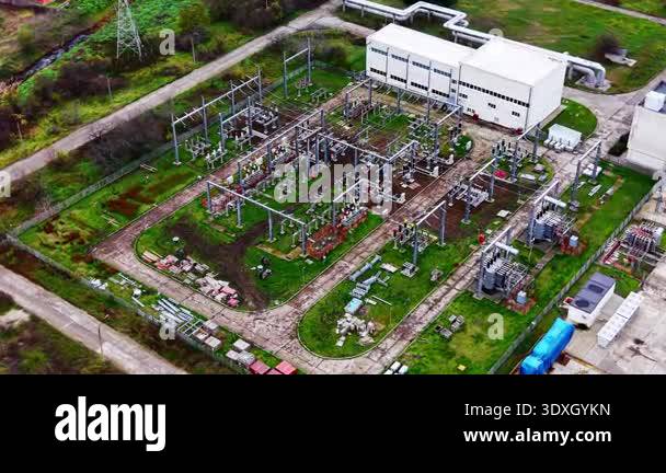 High-voltage transformers, power lines, and electrical infrastructure ...