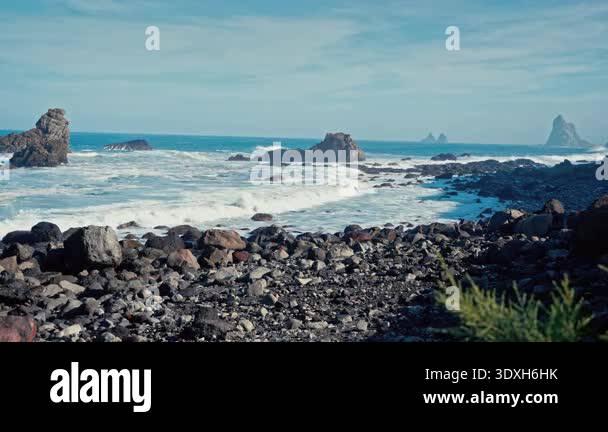 Playa del Roque de las Bodegas with scenic black sand beach on Tenerife ...